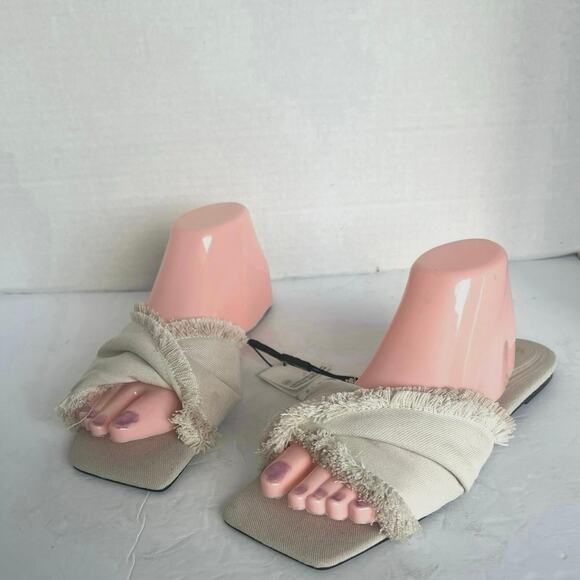 Zara | Shoes | Nwt Zara Cream Color Crossover Frayed Edge Square Toe ...